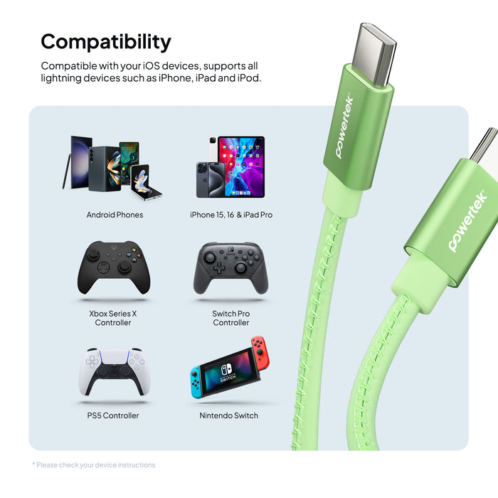 Powertek Glow in the Dark USB-C to USB-C Charging Cable (5ft)